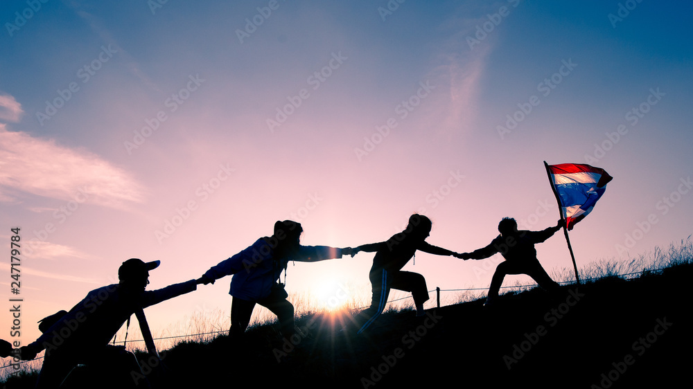 Leader handing Thailand Flag and climbers help A Team to conquer the ...