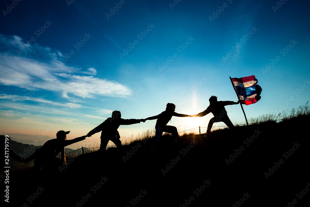 Leader handing Thailand Flag and climbers help A Team to conquer the ...
