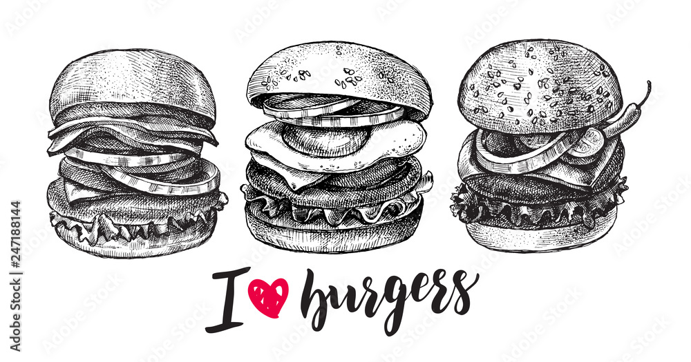 Ink hand drawn set of various burgers. Food elements collection. Vector ...