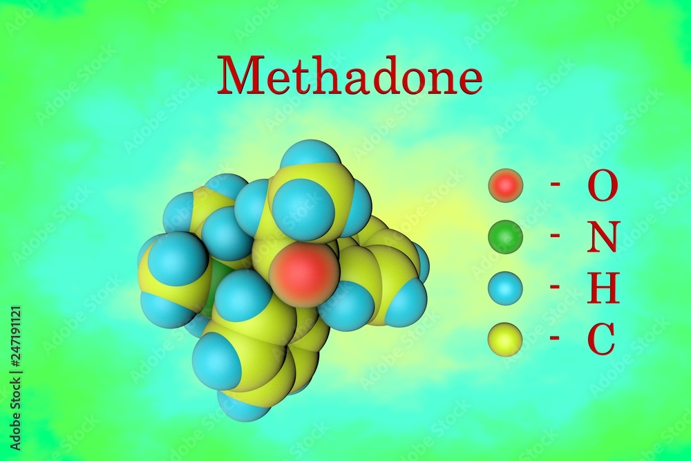 Molecular structure of methadone. Atoms are represented as spheres with ...