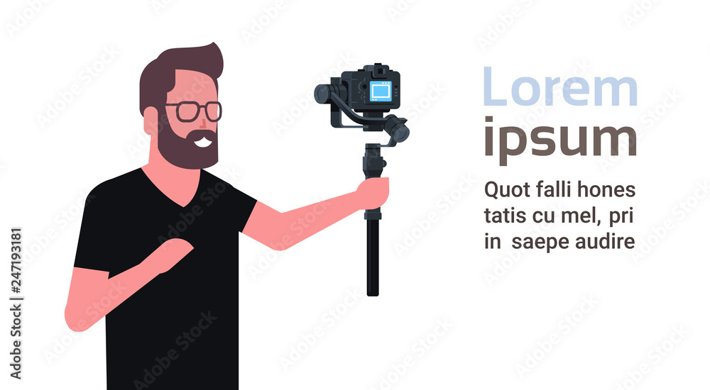 man blogger broadcasting live stream report shooting selfie video guy ...