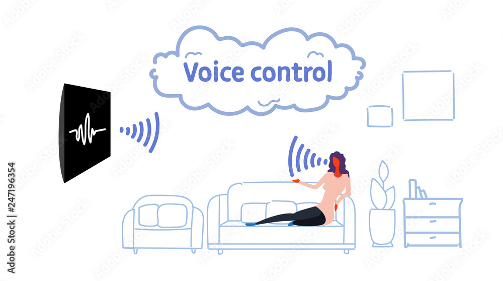 home television controlled by woman sitting on couch smart tv tech ...