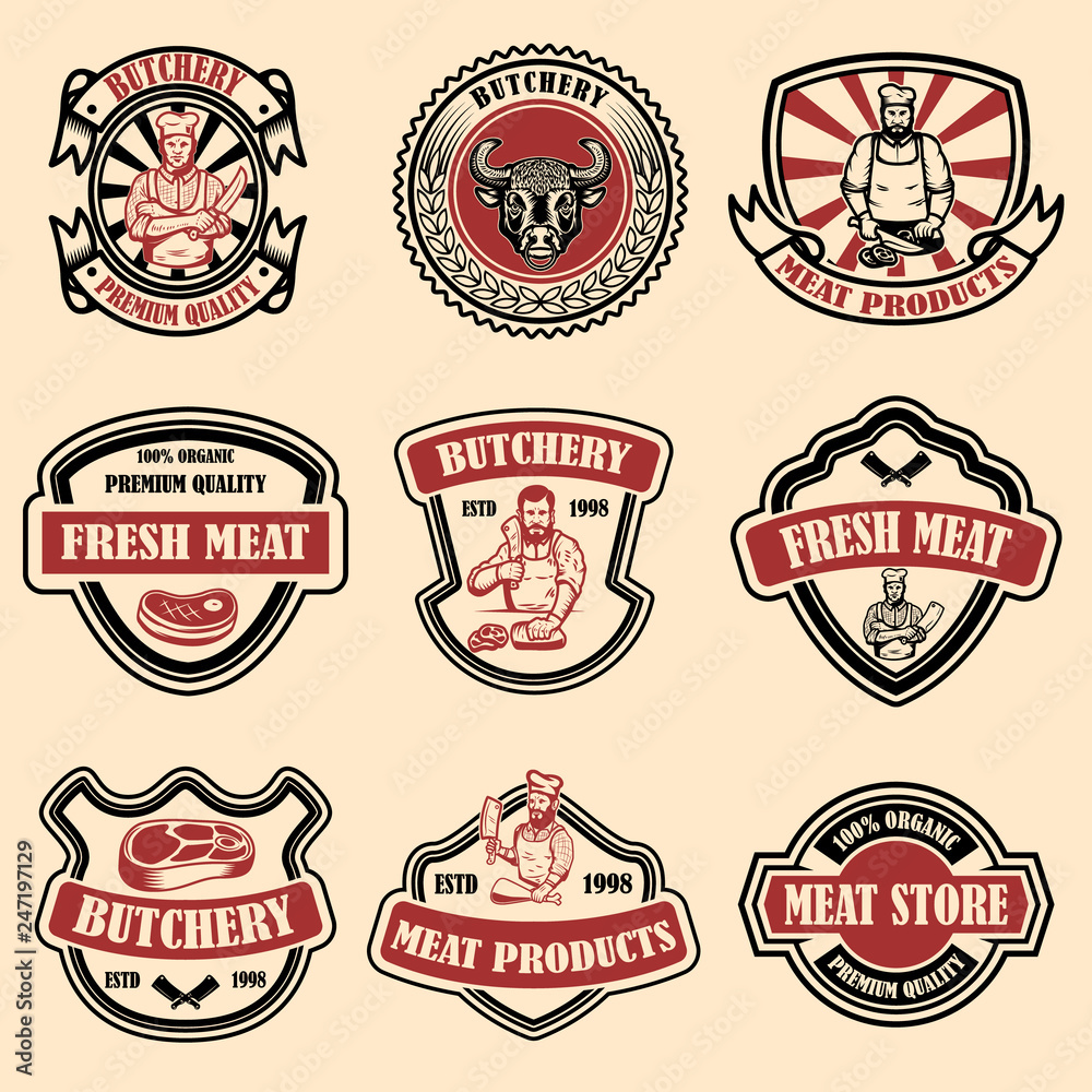 Set of vintage meat store labels. Design element for logo, emblem, sign ...