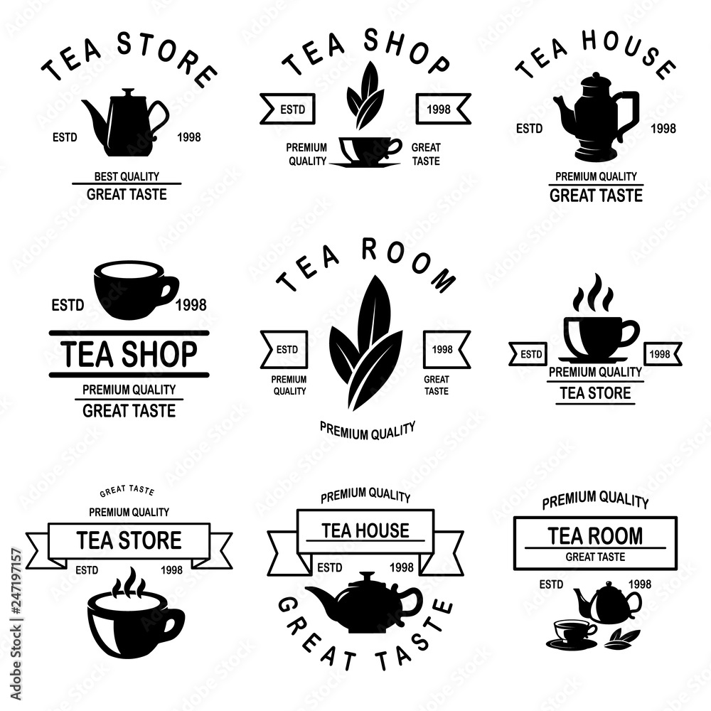 Set of tea house labels. Design element for logo, emblem, sign, poster ...
