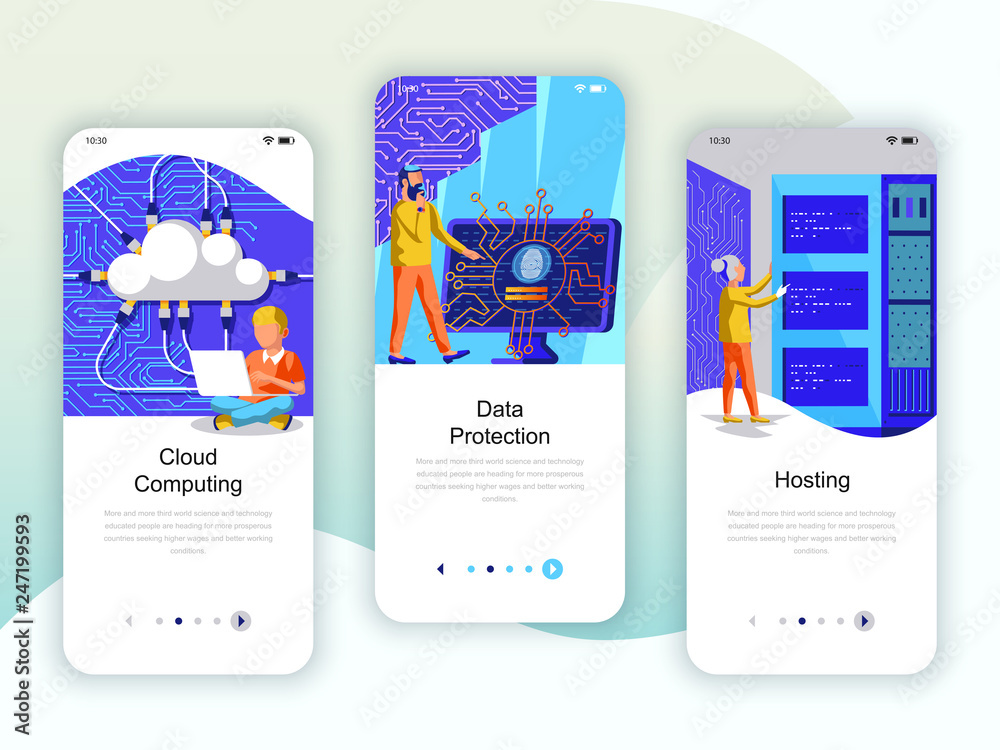 Set Of Onboarding Screens User Interface Kit For Cloud Computing Protection Hosting Mobile