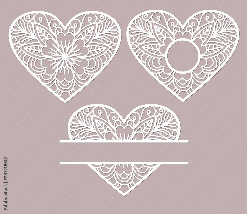 Stencil lacy hearts with openwork pattern. Template for interior design ...