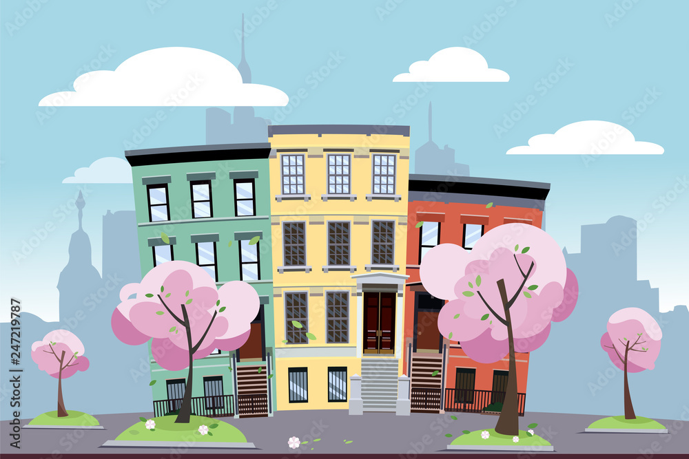 Funny multi-colored low city apartment buildings on the background of a ...