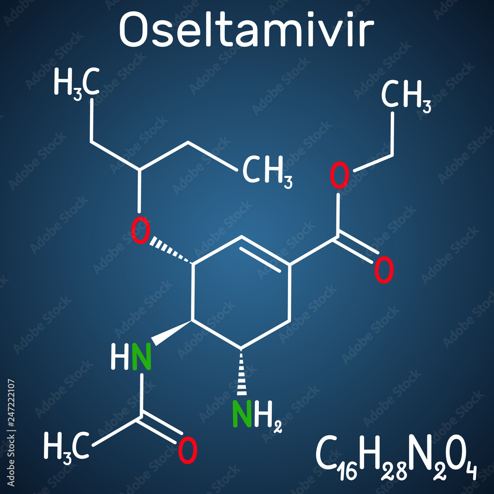 Oseltamivir antiviral drug molecule. Structural chemical formula on the ...