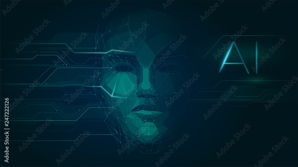 Concept of artificial intelligence face, robot face combined with ...