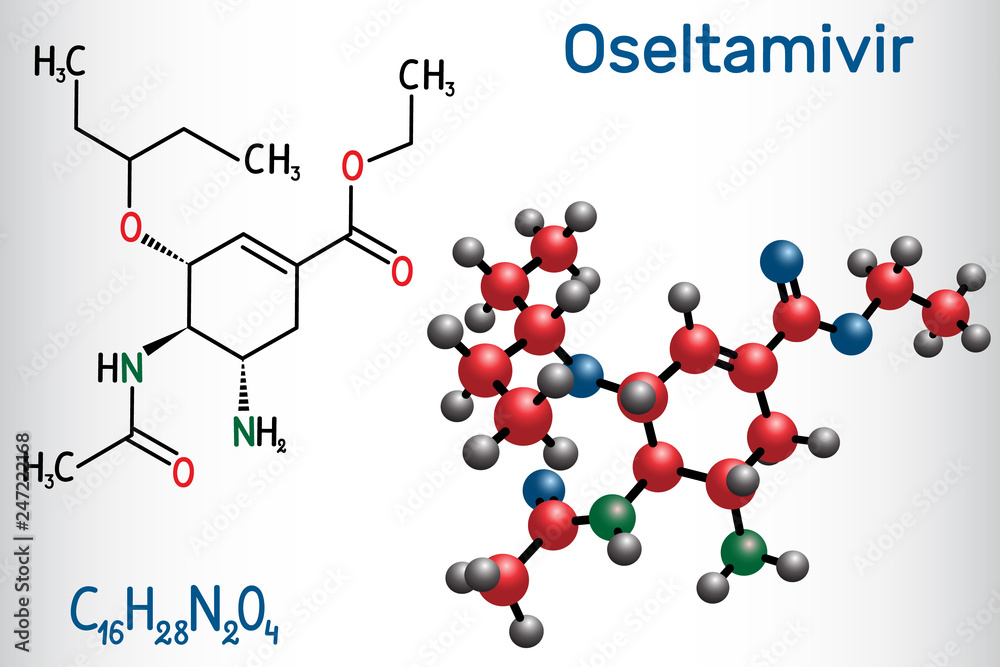 Oseltamivir antiviral drug molecule. Structural chemical formula and ...