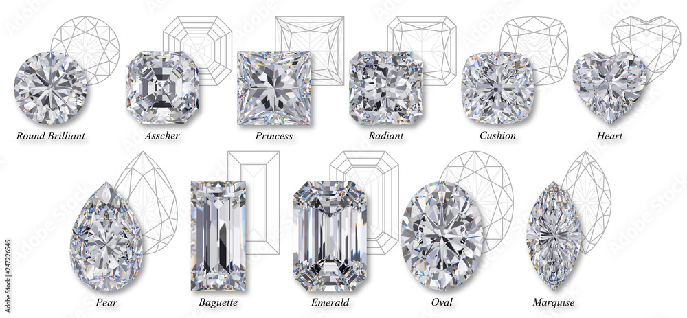 Eleven popular diamond cut styles with faced diagrams, titles, isolated ...