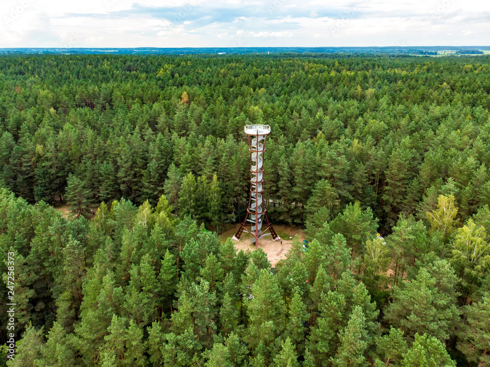 Aerial view of Labanoras Regional Park observation tower, the tallest ...