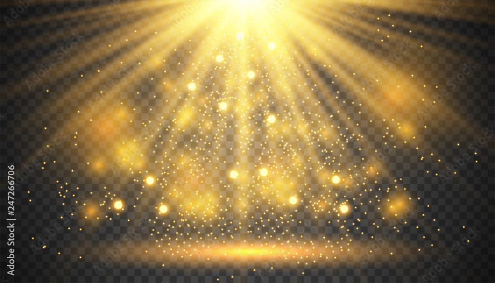 Transparent glow light effect with sunray.Gold glitter powder splash ...