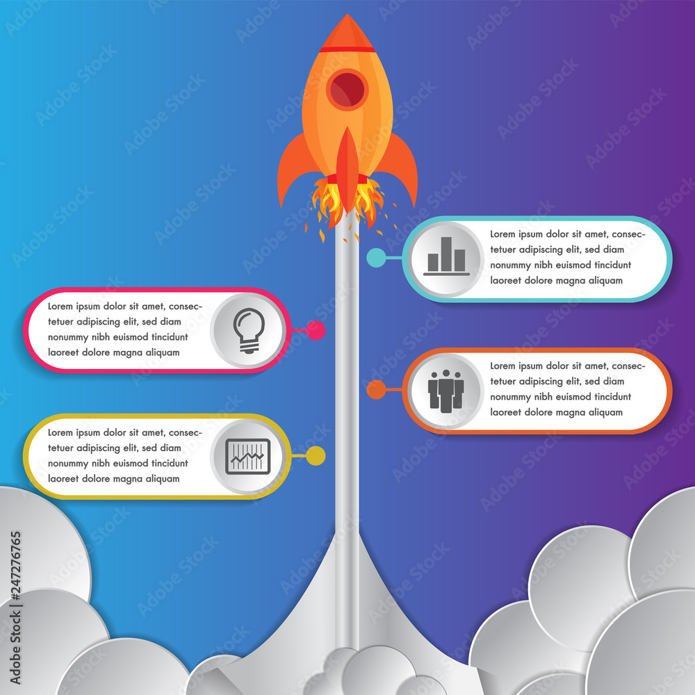 Infographics design template rocket or spaceship launches through the ...