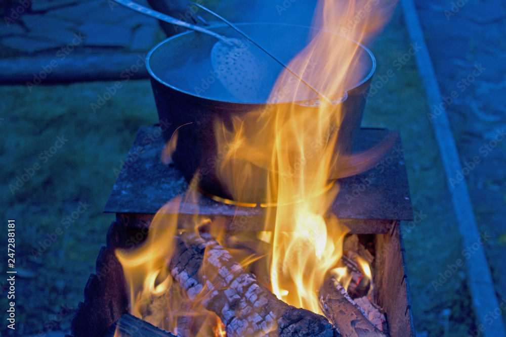 Picnic in nature. Cooking on a fire on the grill on the nature ...