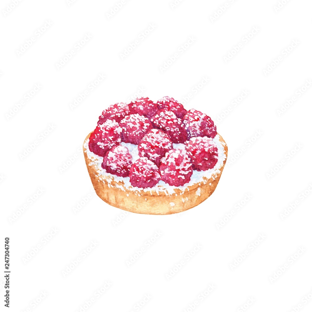 Delicious hand drawn tart with raspberries. Watercolor realistic ...