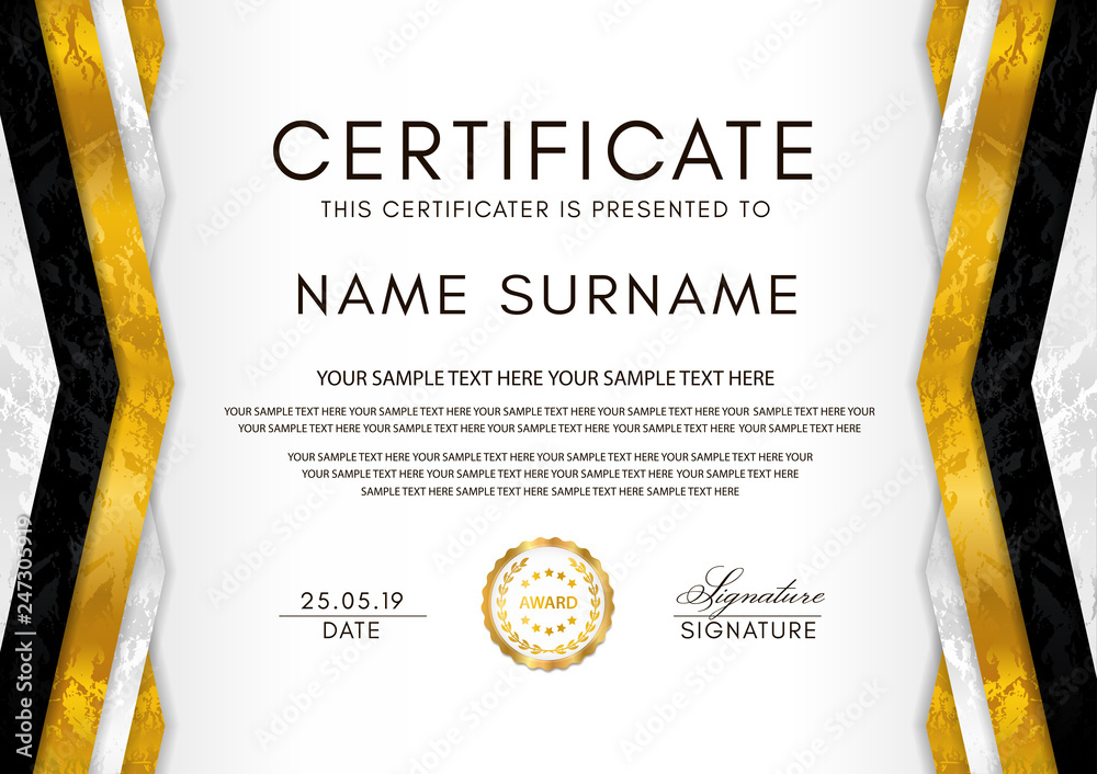 Certificate template with geometry frame and gold badge. White ...