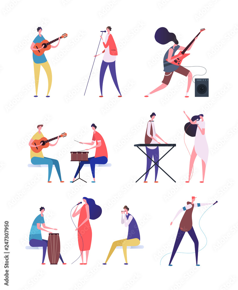 Musicians set. People performing rock music. Artist with musical ...