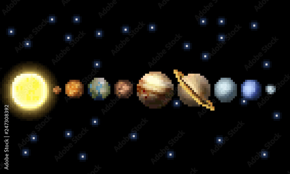 The Solar system in a retro 8 bit arcade video game pixel art style ...