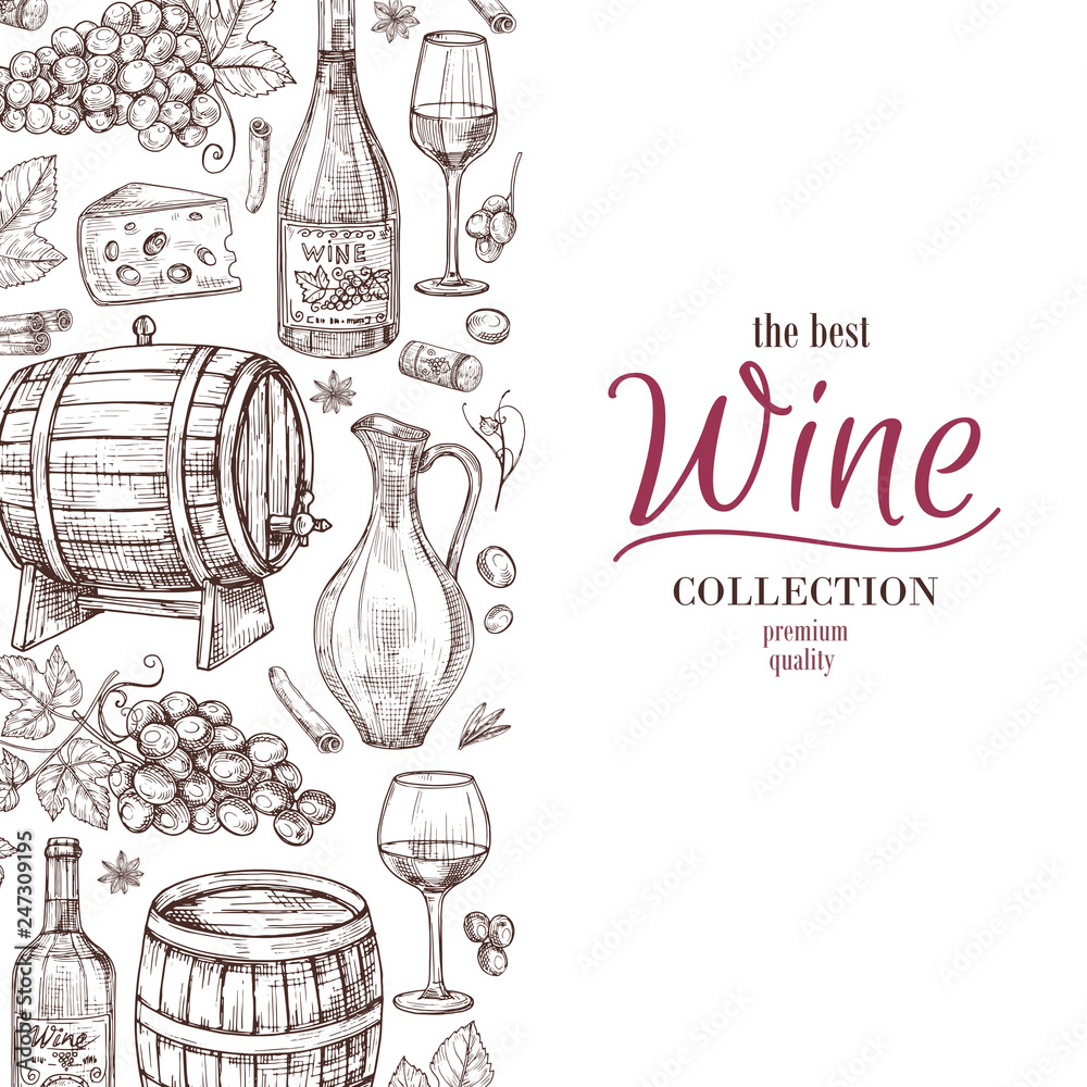 Hand drawn wine background. Wine bottles wineglass cask and grape ...