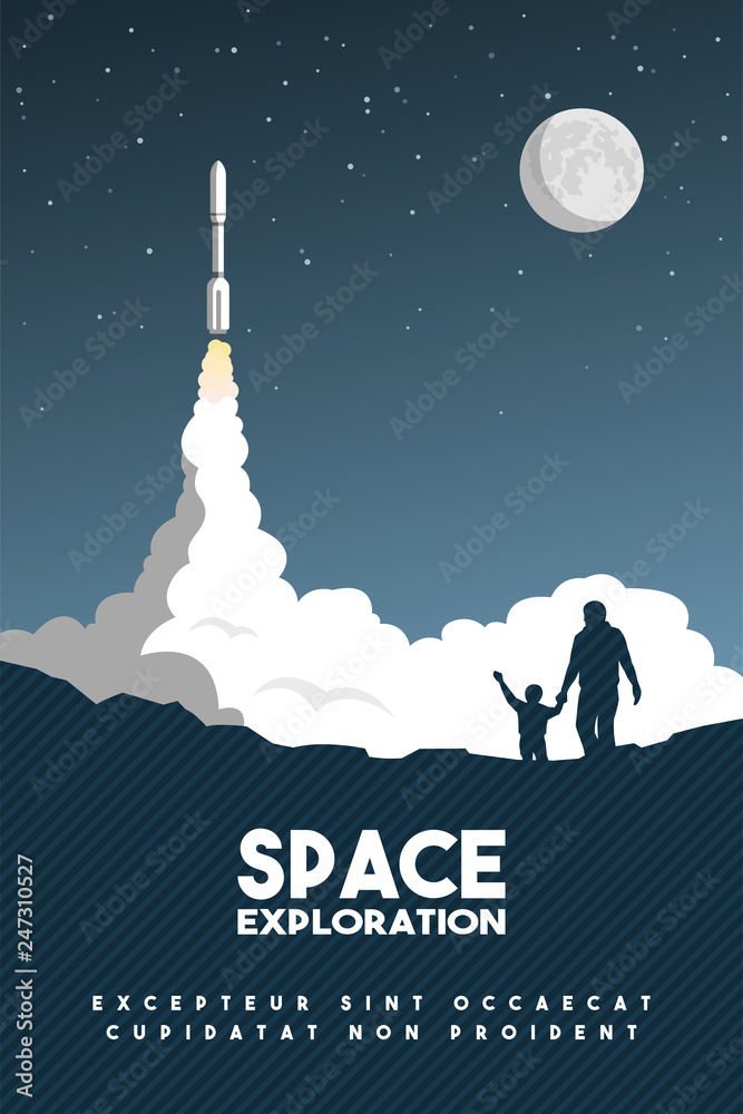 Rocket takes off in the starry sky. Space Research Poster. Vector ...