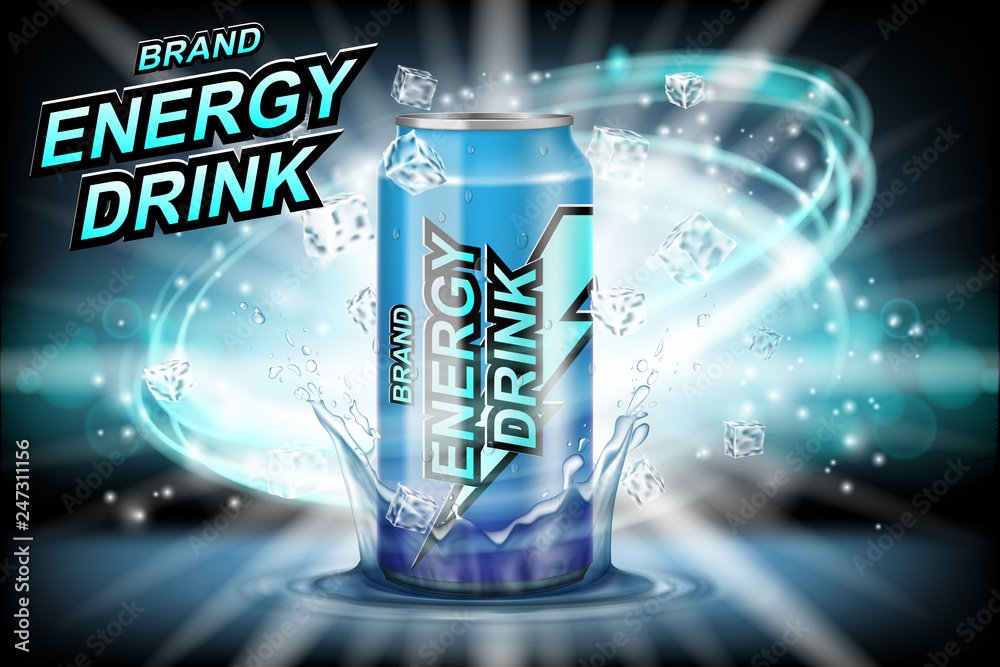 Energy drink label ads with ice cubes on dark background. Package ...