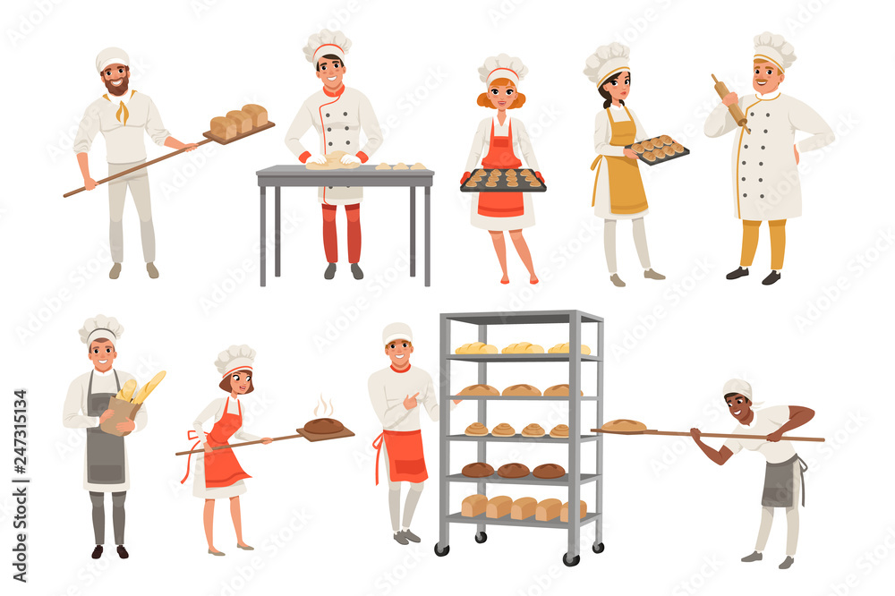 Bakers characters set with bread and cooking tools. Happy people in ...