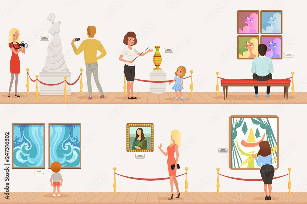 Cartoon characters people visitors in art museum. Paintings ...