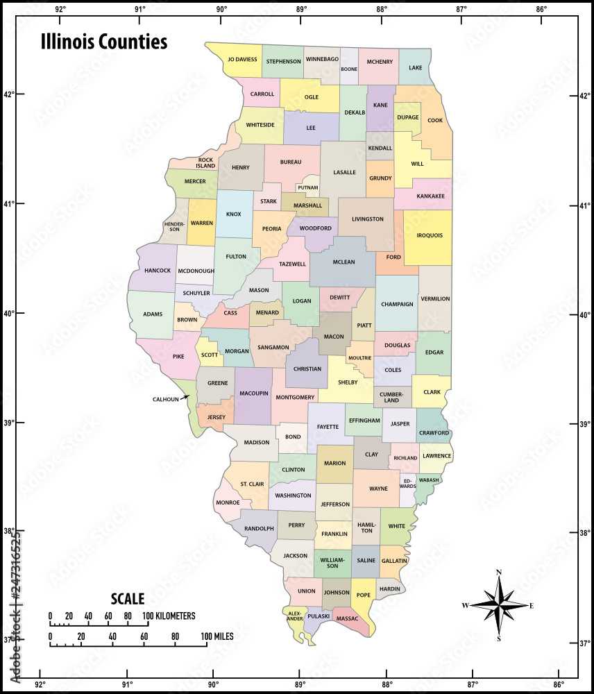 Illinois state outline administrative and political vector map in color ...