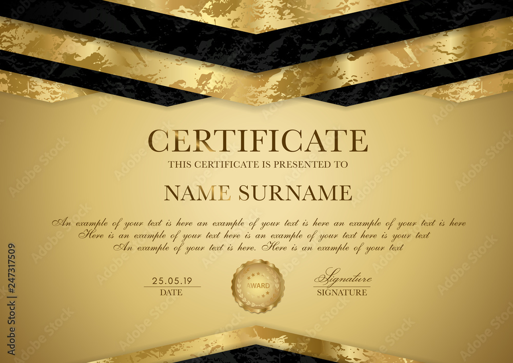 Certificate template with geometry frame and gold badge. Luxury gold ...