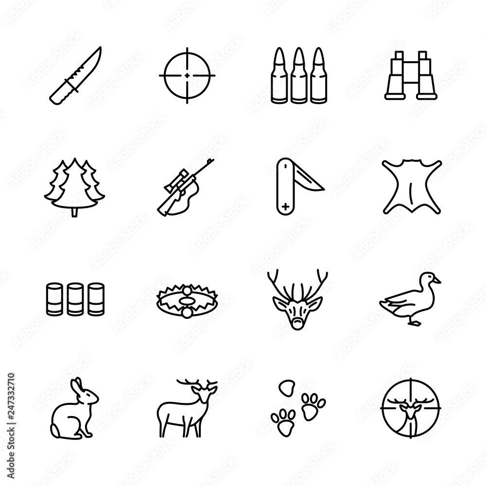 Simple icon set forest hunting. Contains such symbols knife, bullets ...