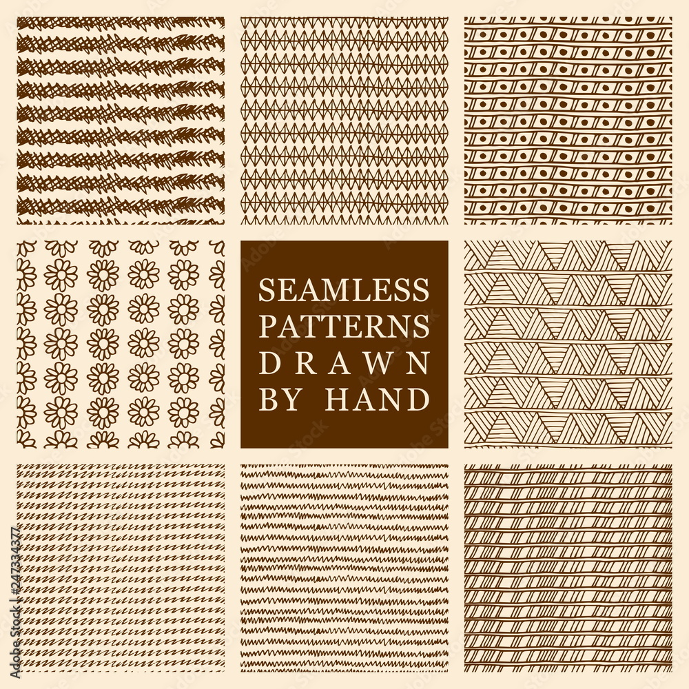 Vector set of hand drawn seamless pattern made with ink. Freehand ...