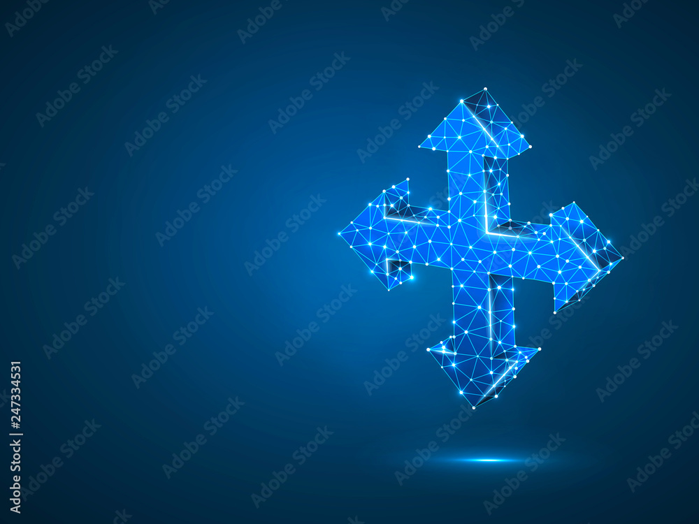Arrow cross, extend, resize, Cross arrow sign. Four-way arrow wireframe digital 3d illustration ...