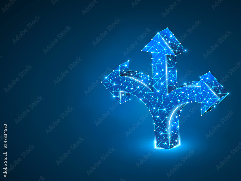 Crossroad direction three ways arrows wireframe digital 3d illustration ...