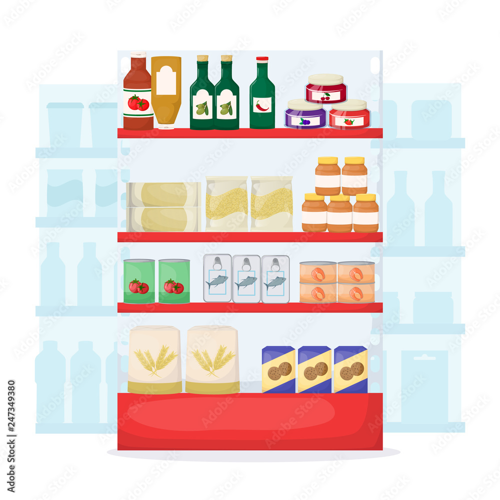 Set of grocery. Product on supermarket shelves. Food store interior ...