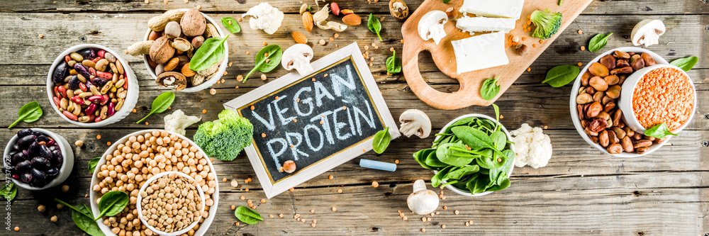 Healthy plant vegan food, veggie protein sources: Tofu, vegan milk ...