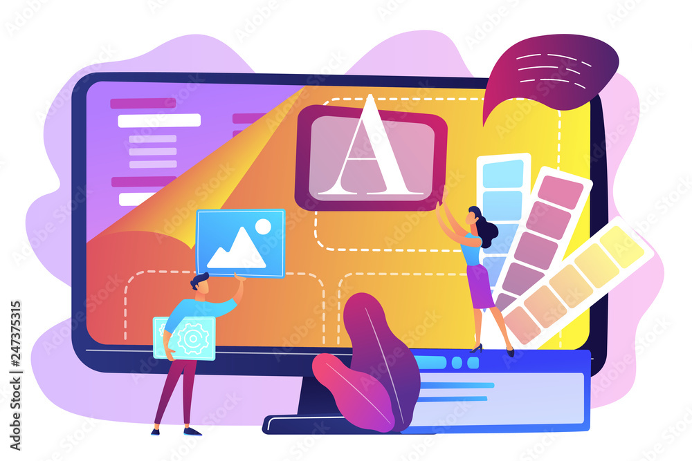 Programmers at computer using low code platform on computer, tiny ...