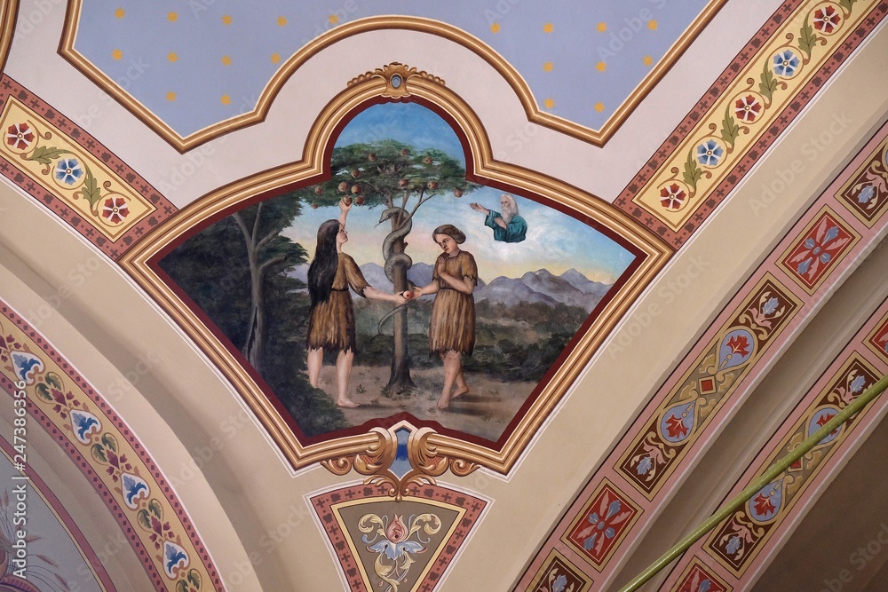 Adam and Eve in Paradise, fresco in the church of Saint Matthew in ...