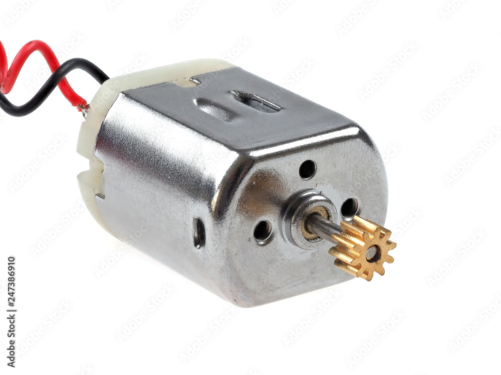 Small size direct current motor, with red and black wires, isolated on ...