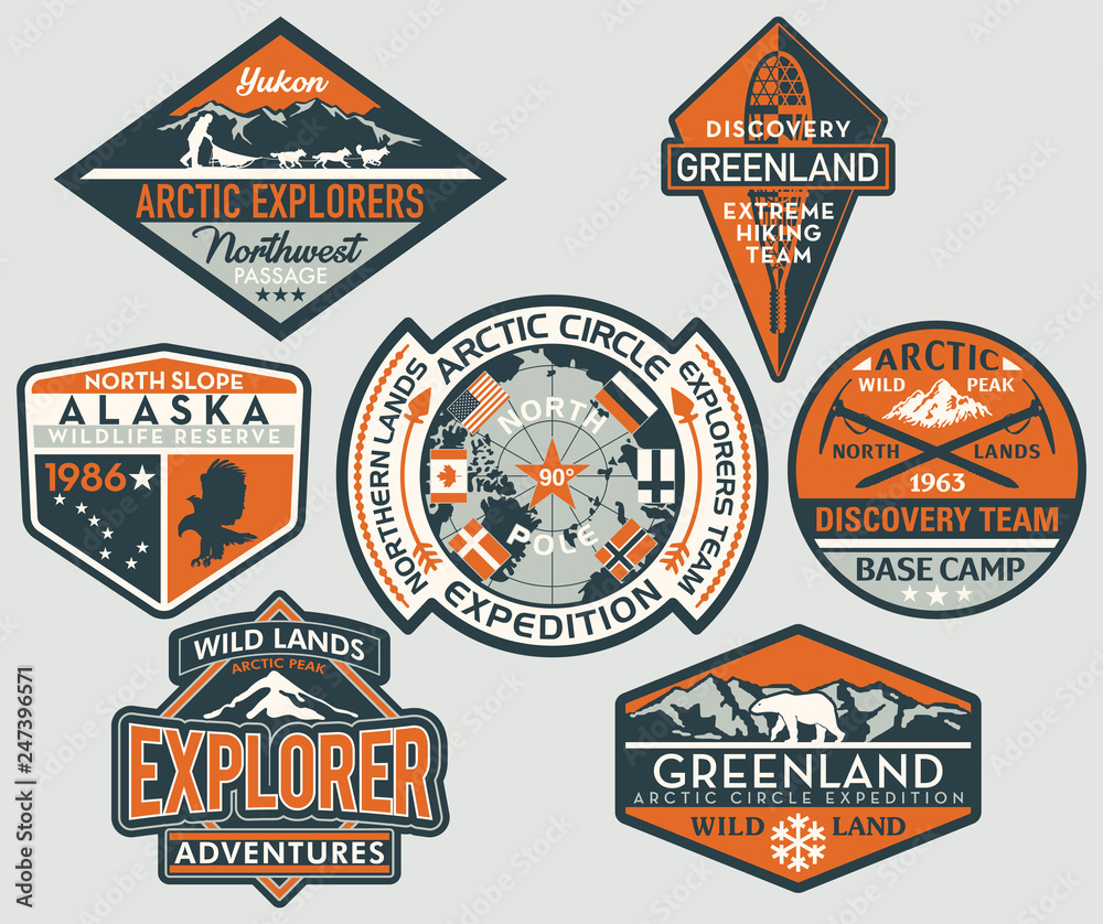 North pole arctic circle discovery adventure explorer vector patches ...