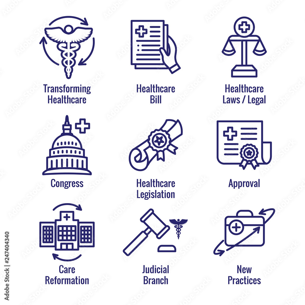 Health Laws and Legal icon set depicting various aspects of the legal ...