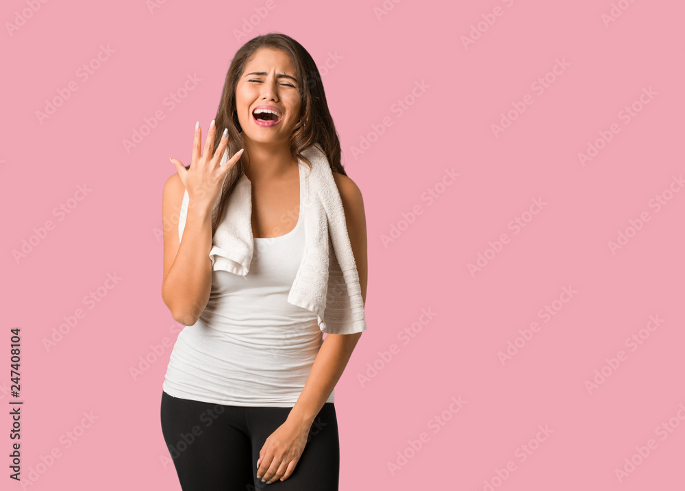 Full body young fitness curvy woman very scared and afraid Stock Photo ...