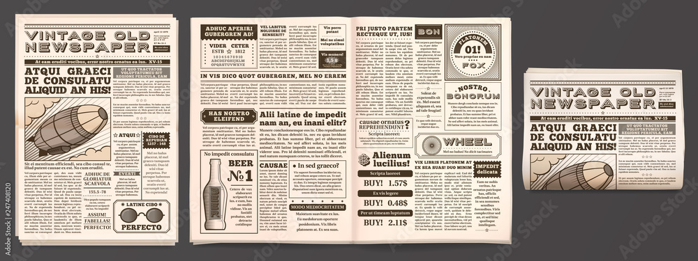 Vintage newspaper mockup. Retro newsprint pages, tabloid magazine and ...