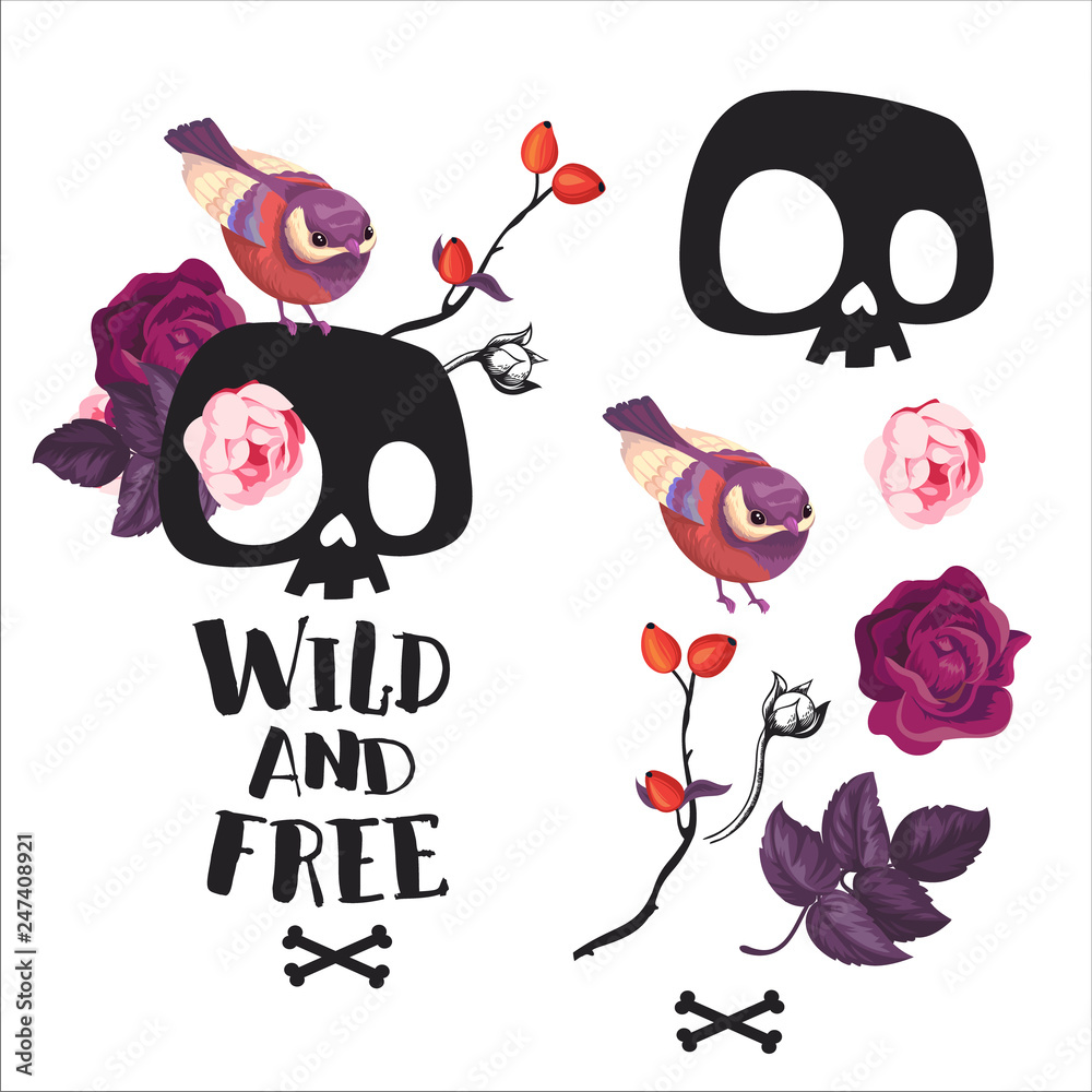 Human Skull on Flower Blossom Bird Print Poster. Floral T-shirt Print ...
