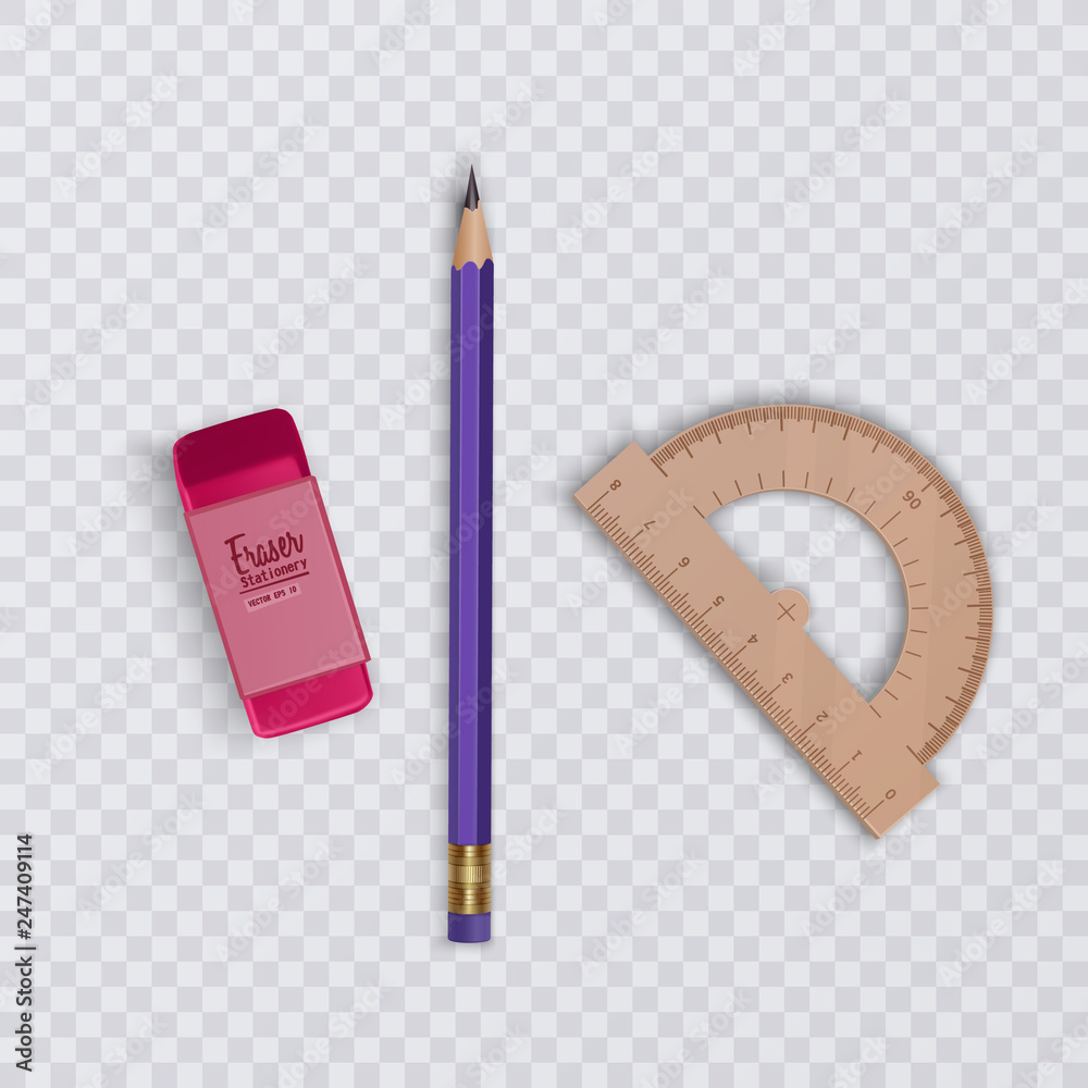 A realistic pencil with a eraser and ruler on a transparent background ...