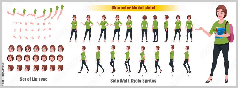 Character Model sheet with walk cycle animation sprites and lip syncing ...