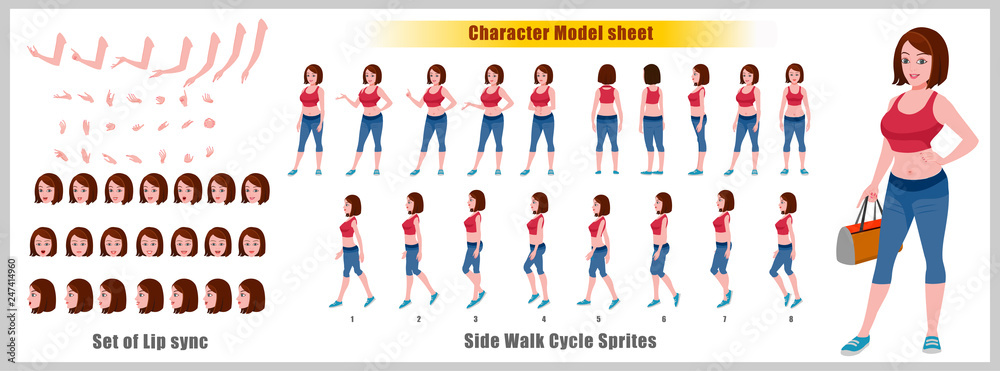 Character Model sheet with walk cycle animation sprites and lip syncing ...
