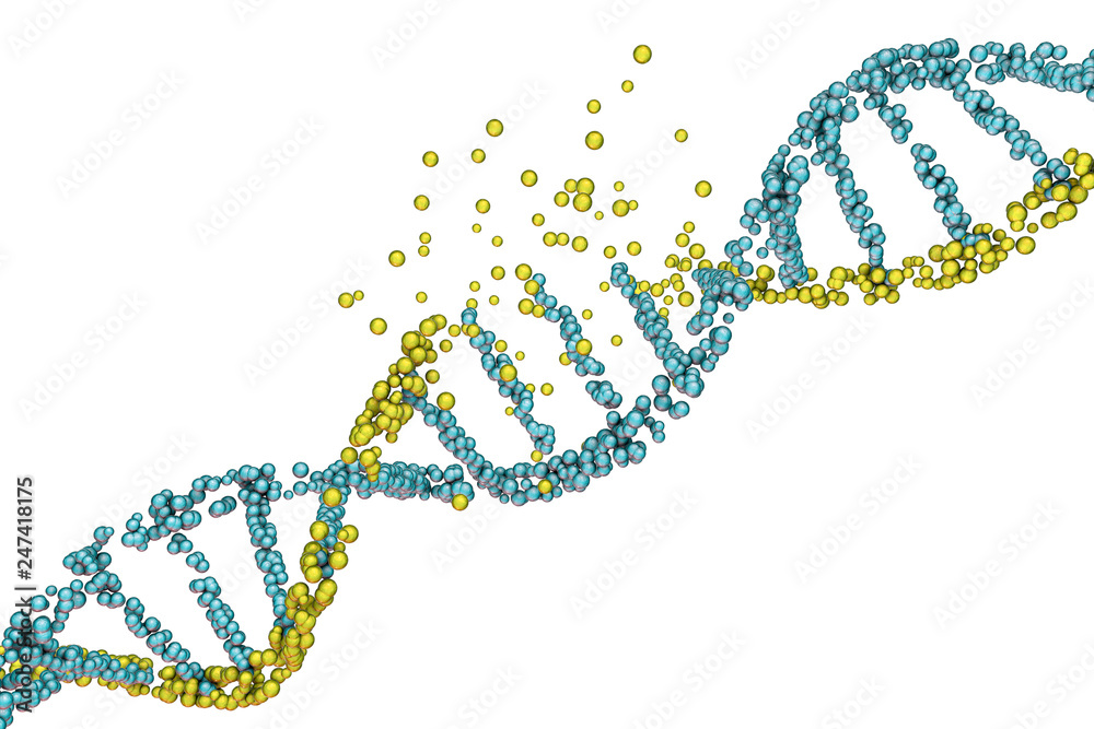 Destruction of DNA, damaged DNA, 3D illustration. Concept of disease ...