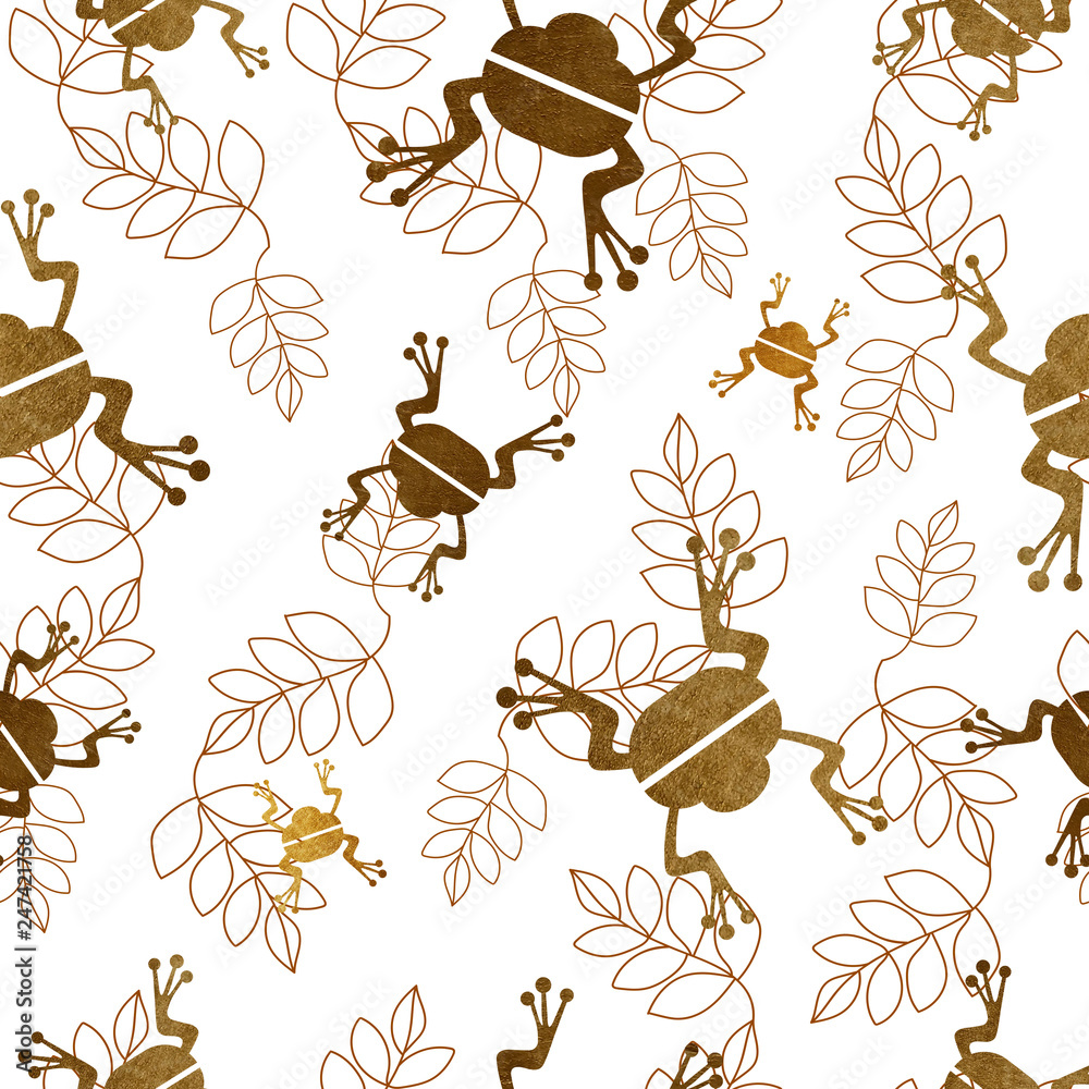 Seamless pattern with golden frogs and leaves. Silhouette of a frog ...