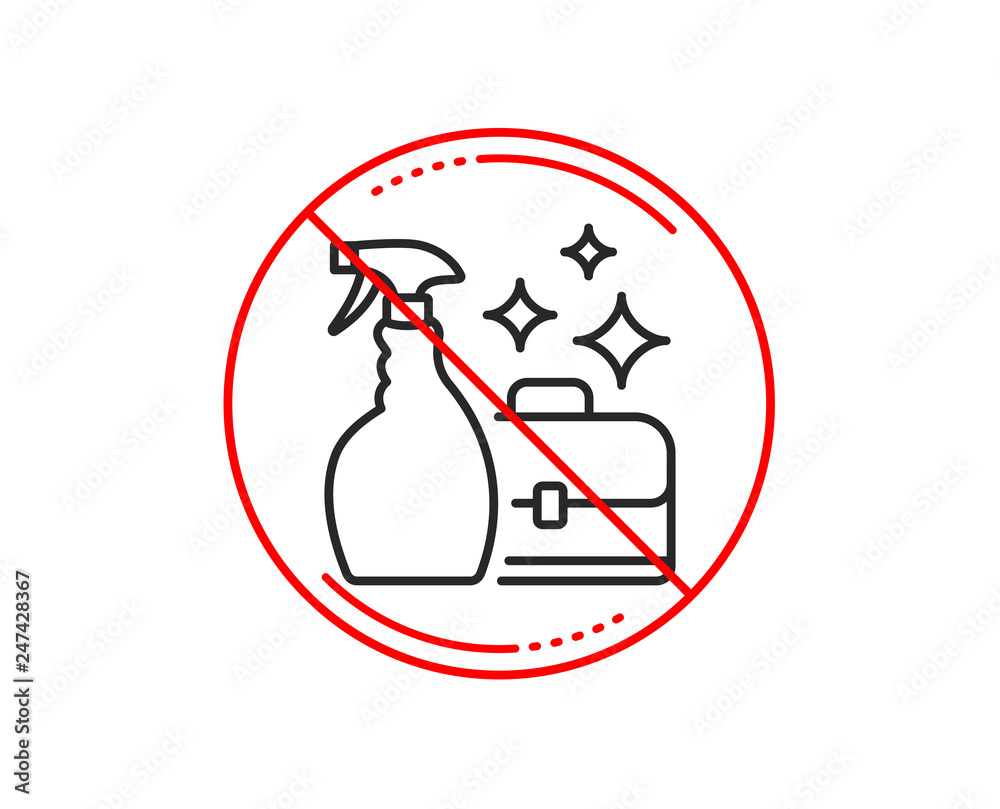No or stop sign. Cleaning spray line icon. Washing liquid or Cleanser ...
